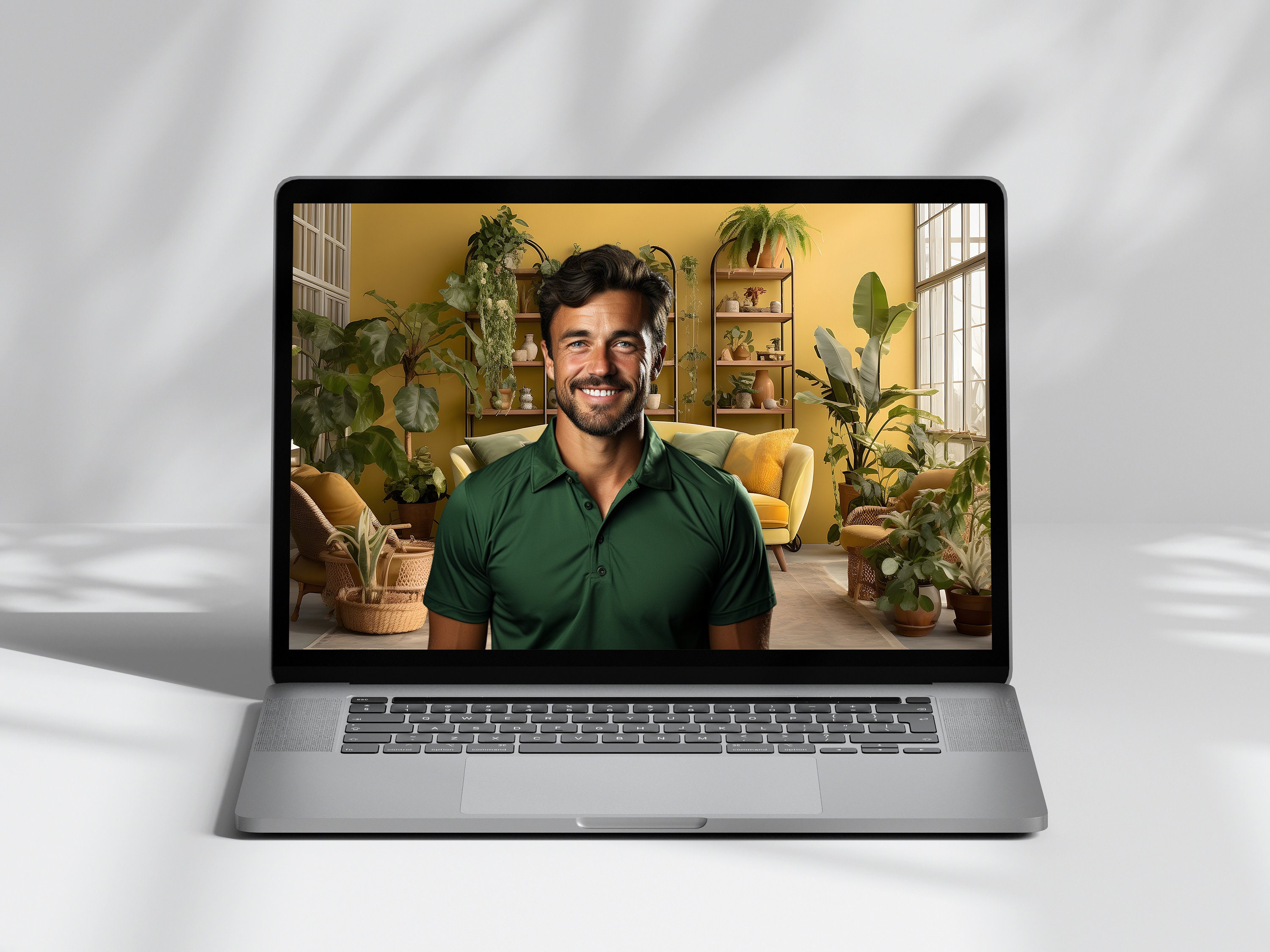 Cozy Boho Living Room Virtual Background: Sage Green & Soft Yellow ...