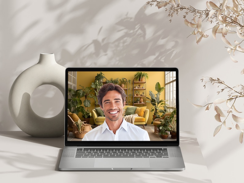 Cozy Boho Living Room Virtual Background: Sage Green & Soft Yellow ...