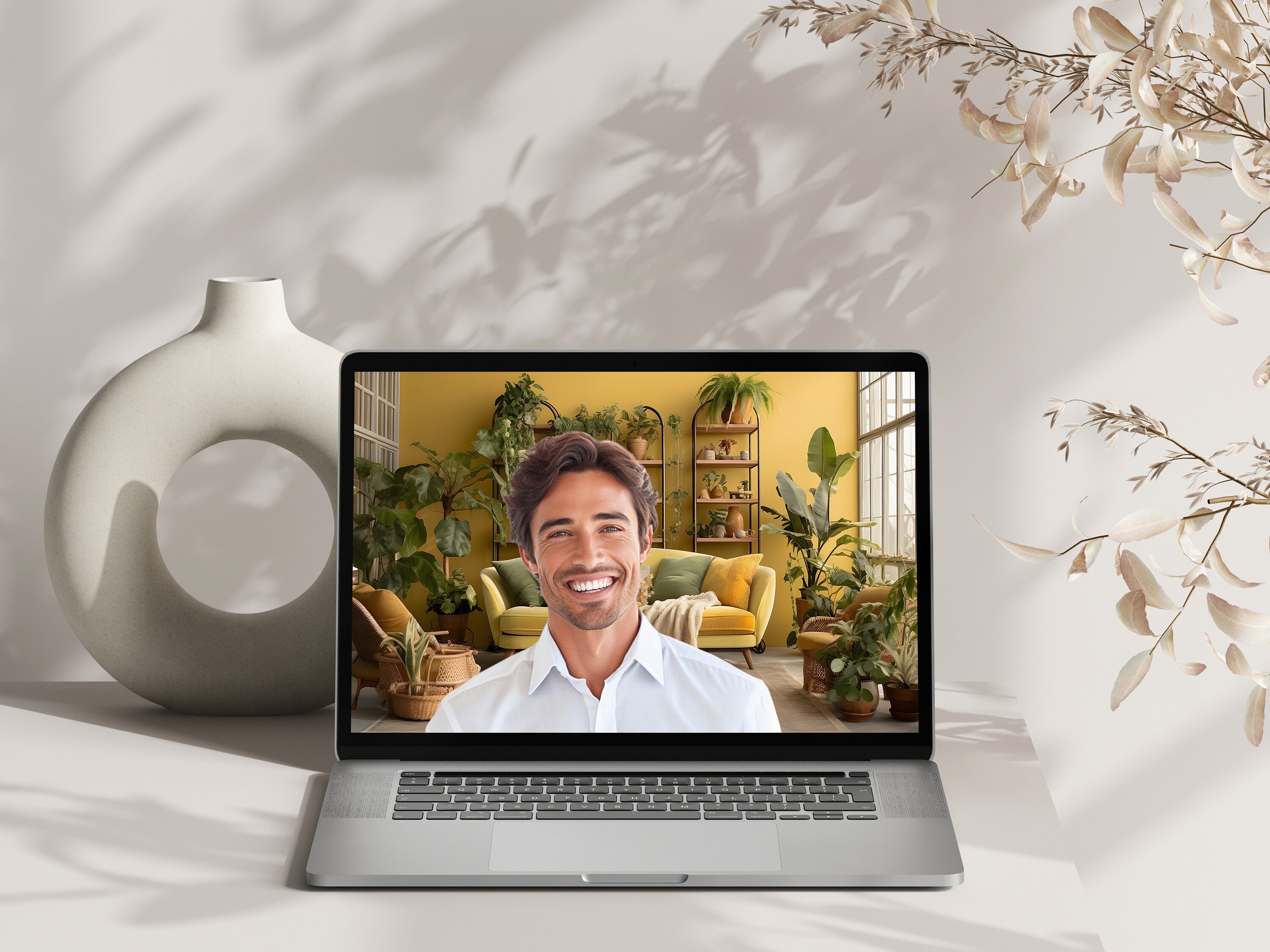 Cozy Boho Living Room Virtual Background: Sage Green & Soft Yellow ...