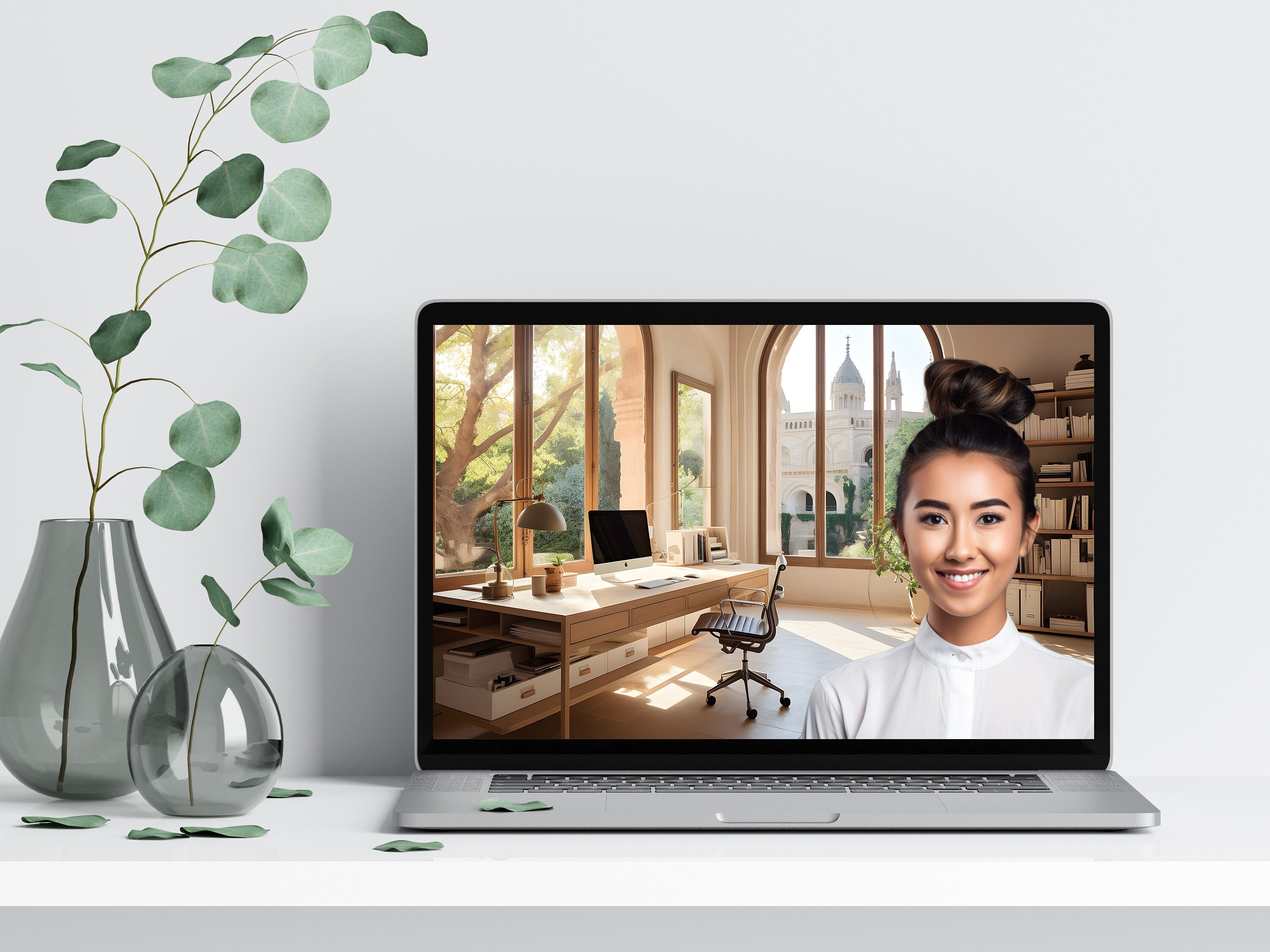 Sunny Home Office Background Image Stylish Barcelona Spring, Virtual ...