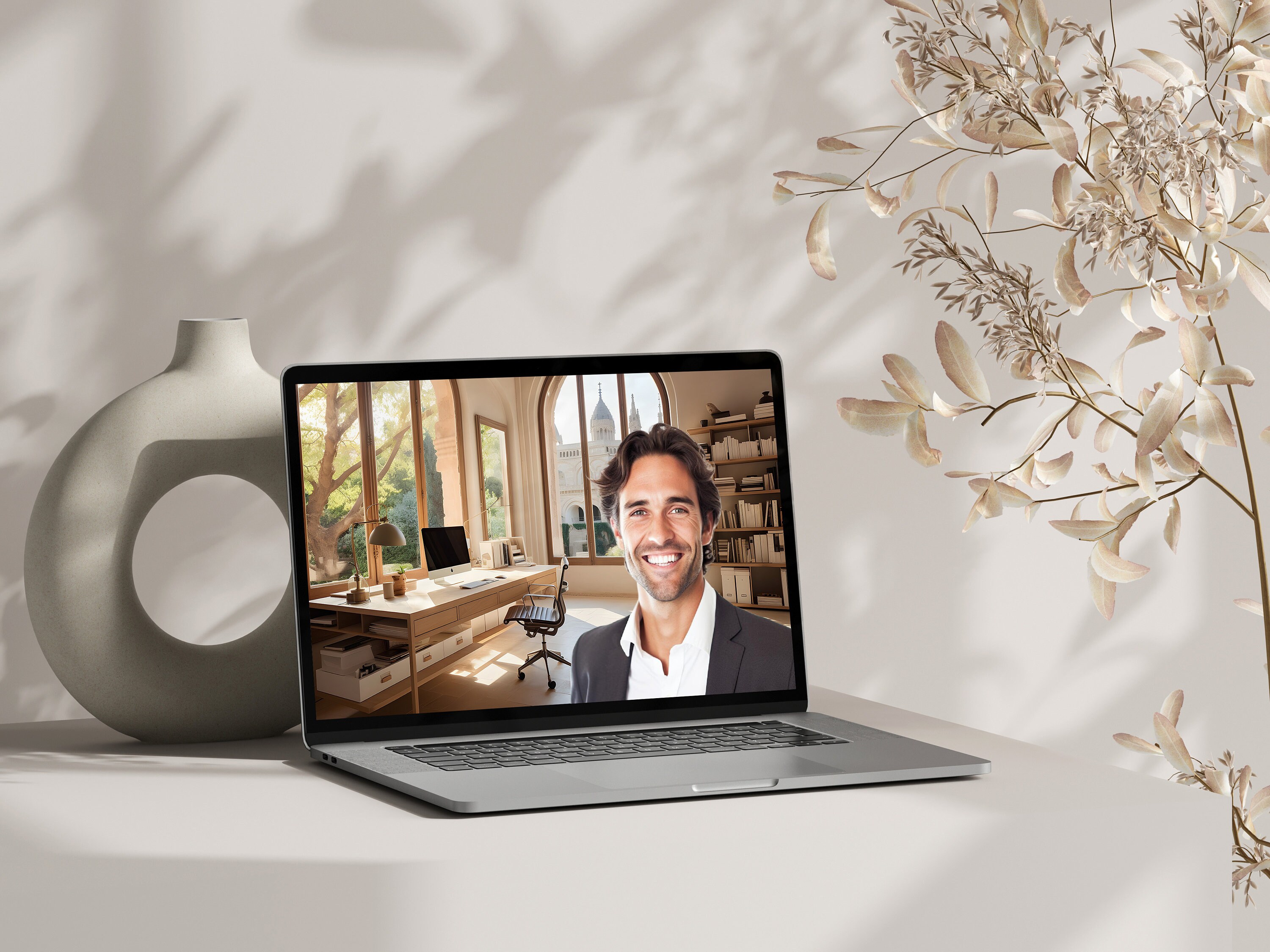 Sunny Home Office Background Image Stylish Barcelona Spring, Virtual ...