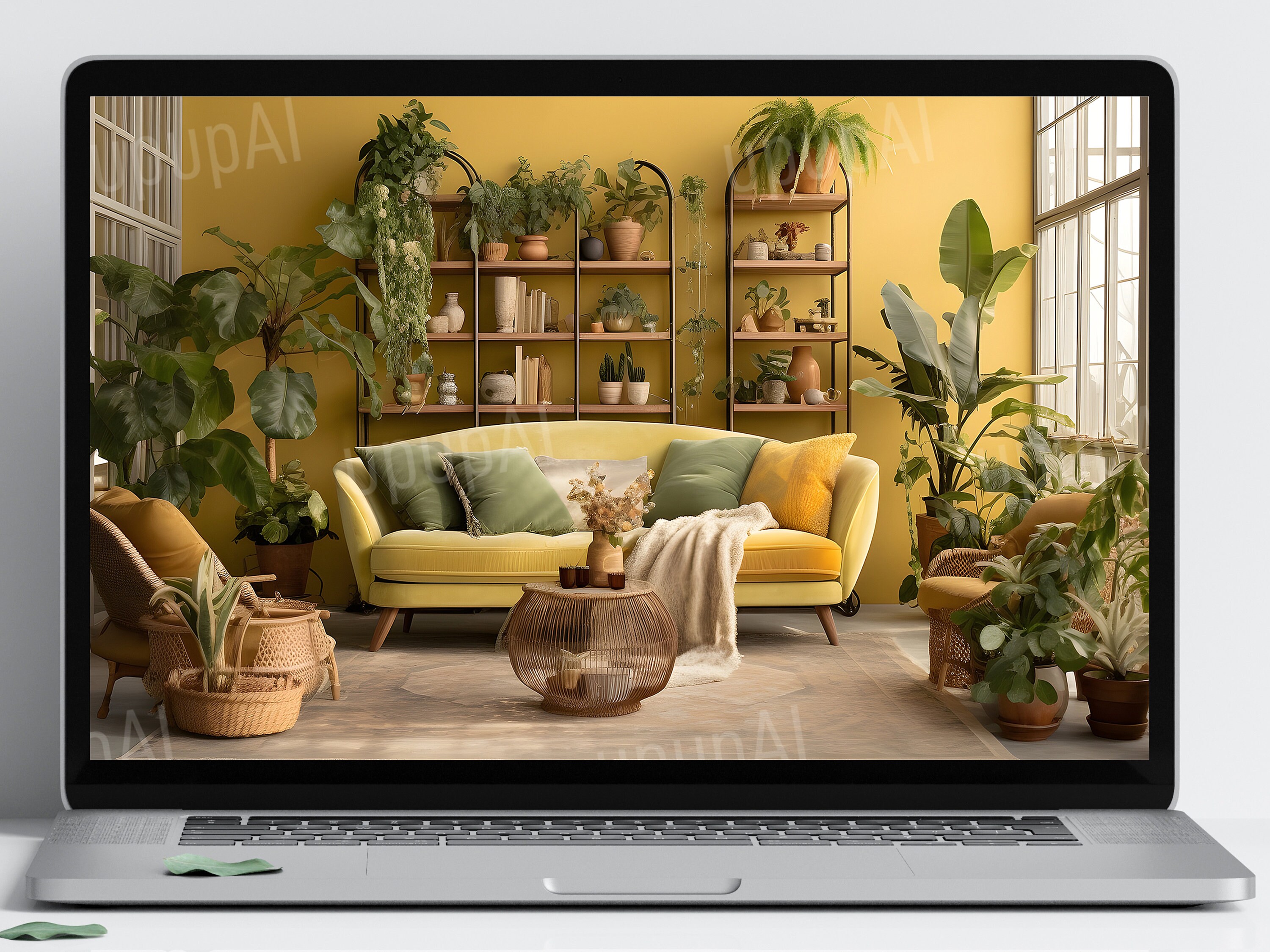 Cozy Boho Living Room Virtual Background: Sage Green & Soft Yellow ...