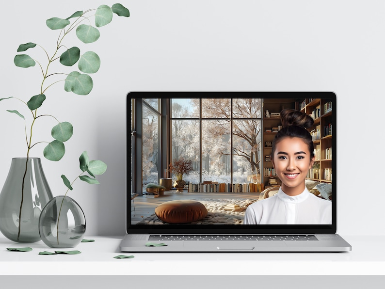 Sunlit Winter Home Library Virtual Background Elegant & Cozy Workspace ...