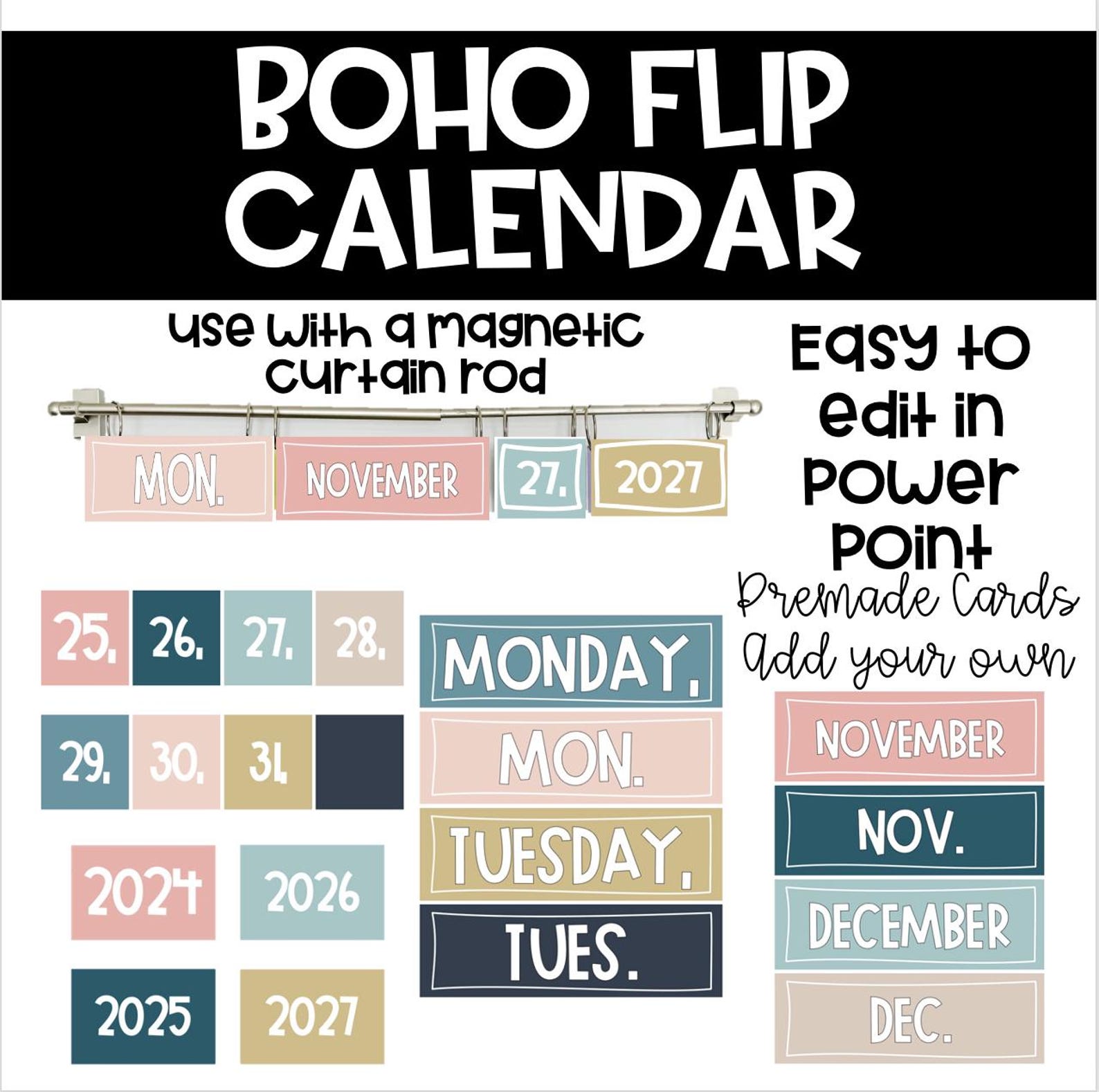 Flip Calendar Classroom, Boho Flip Calendar, Editable Flip Calendar for ...