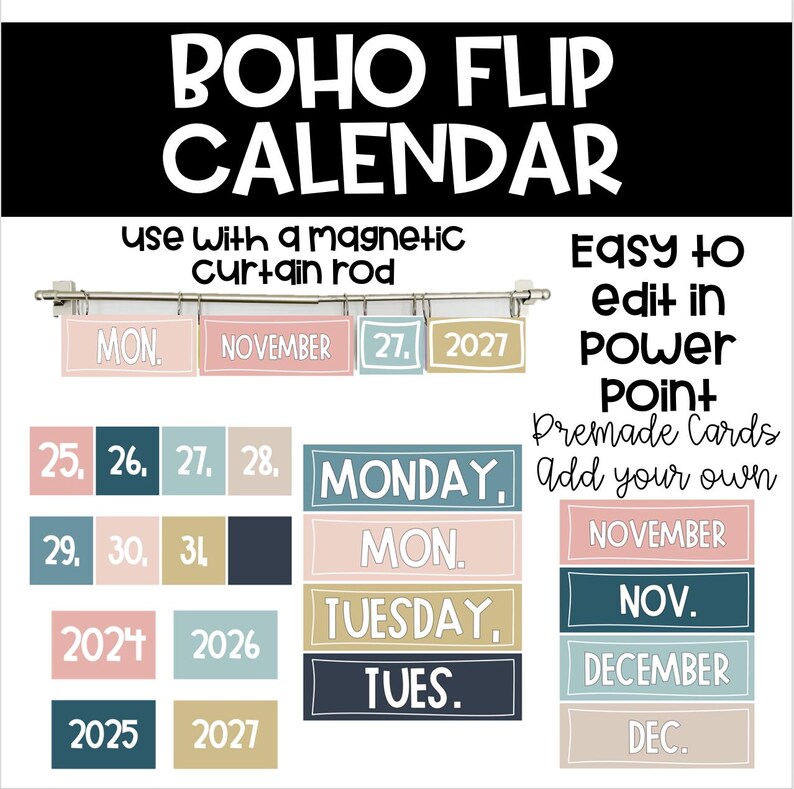 Flip Calendar Classroom, Boho Flip Calendar, Editable Flip Calendar for ...