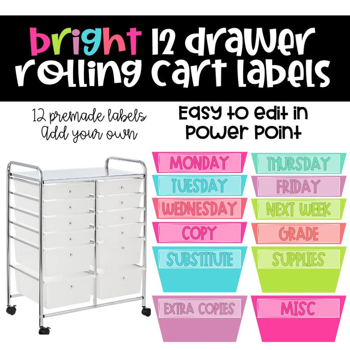 Rolling Cart Labels, BRIGHT Classroom Decor Rolling Cart Labels ...
