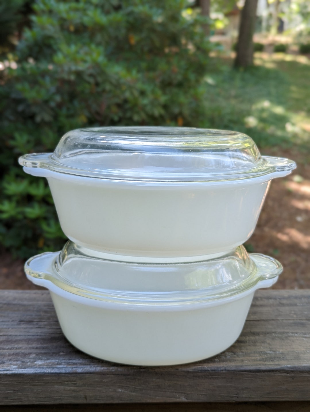 Milk White Opal Fireking Set of Two 467 1.5 Qt Casserole Dishes With Lids and Minor Wear and ...