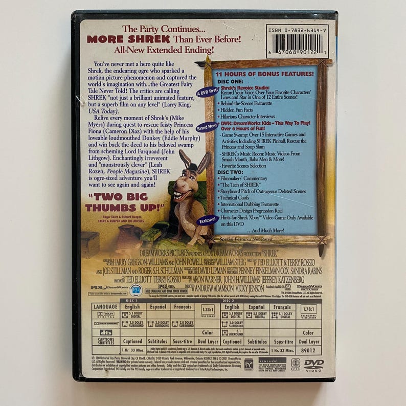 Shrek DVD Film Animated Kids Comedy 2001 - Etsy