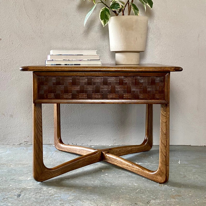 Vintage Walnut Square End Table With Basketweave Drawer Front by Lane ...