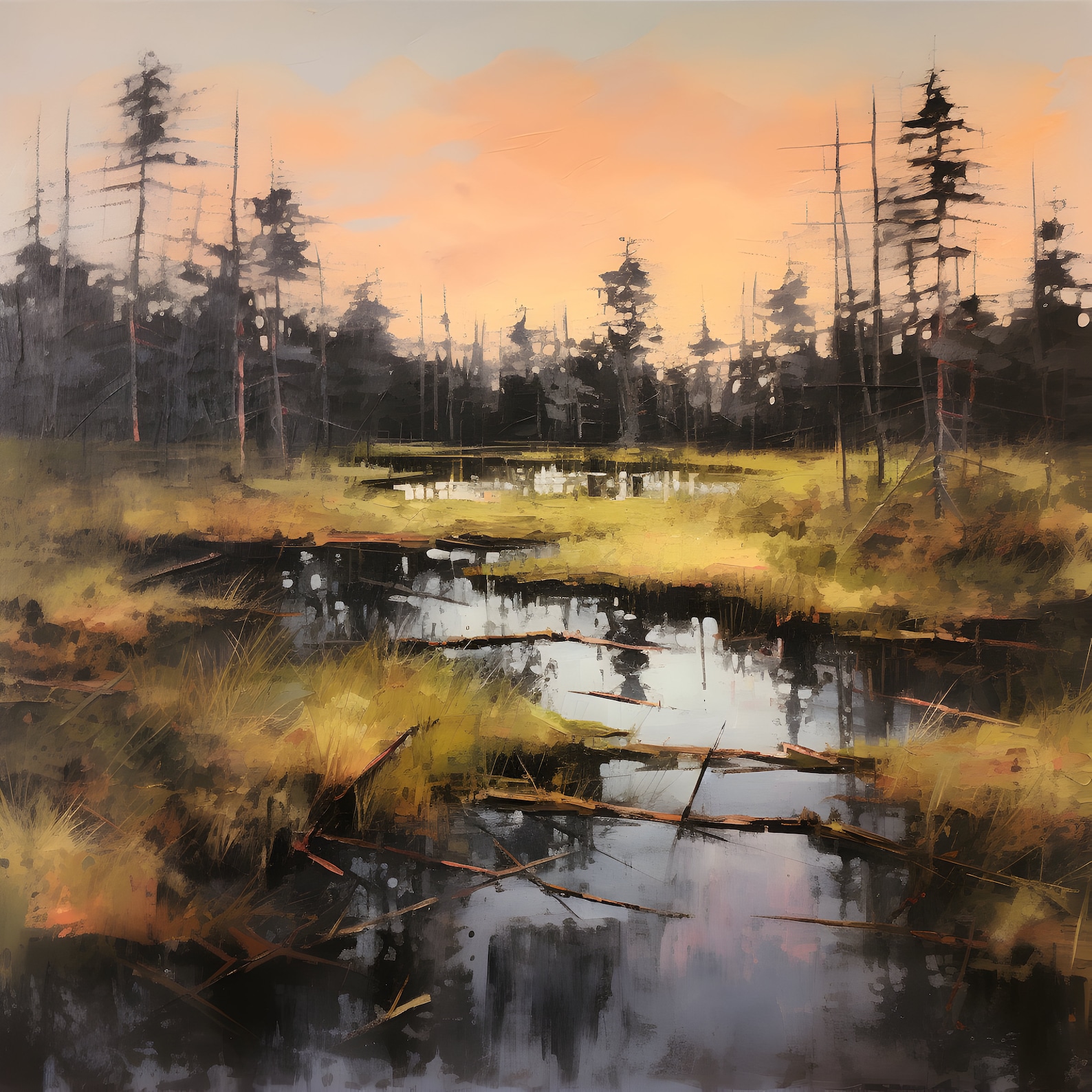 Swampy Marsh Oil Painting, Nature Landscape Art, Abstract Wilderness ...