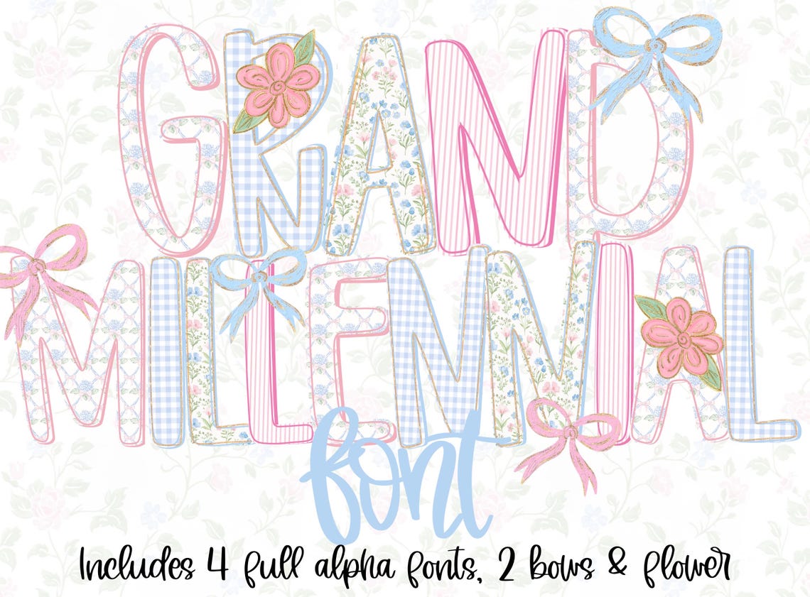 Grand Millennial PNG Alpha Font - Doodle Flower Bow Alpha - Preppy ...