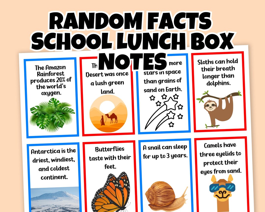 Printable School Lunch Box Notes for Kids, Random Facts Lunch Box Notes ...
