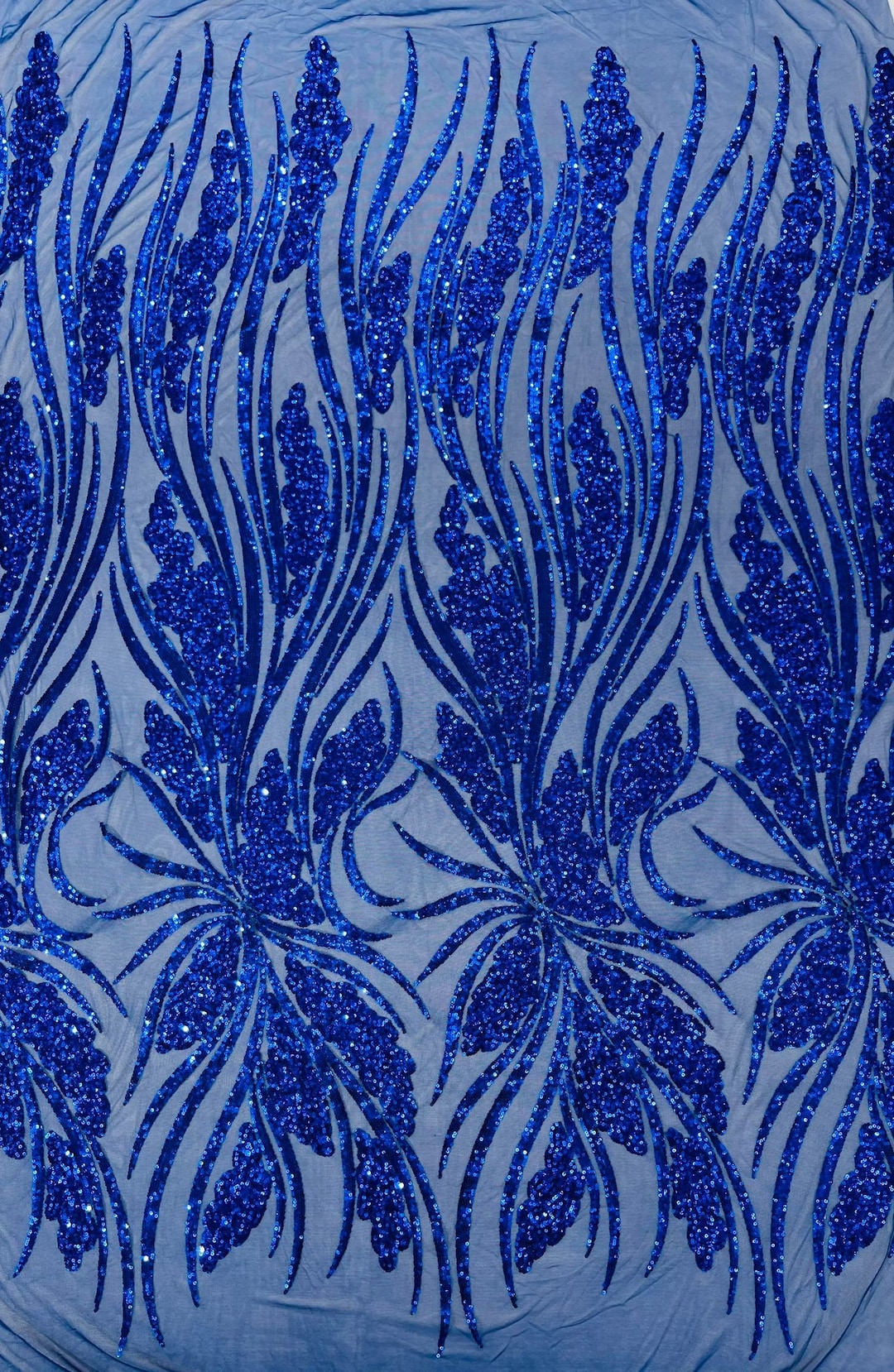 Feather Damask Shiny Sequin Design on a 4 Way Stretch Mesh Fabric-prom ...