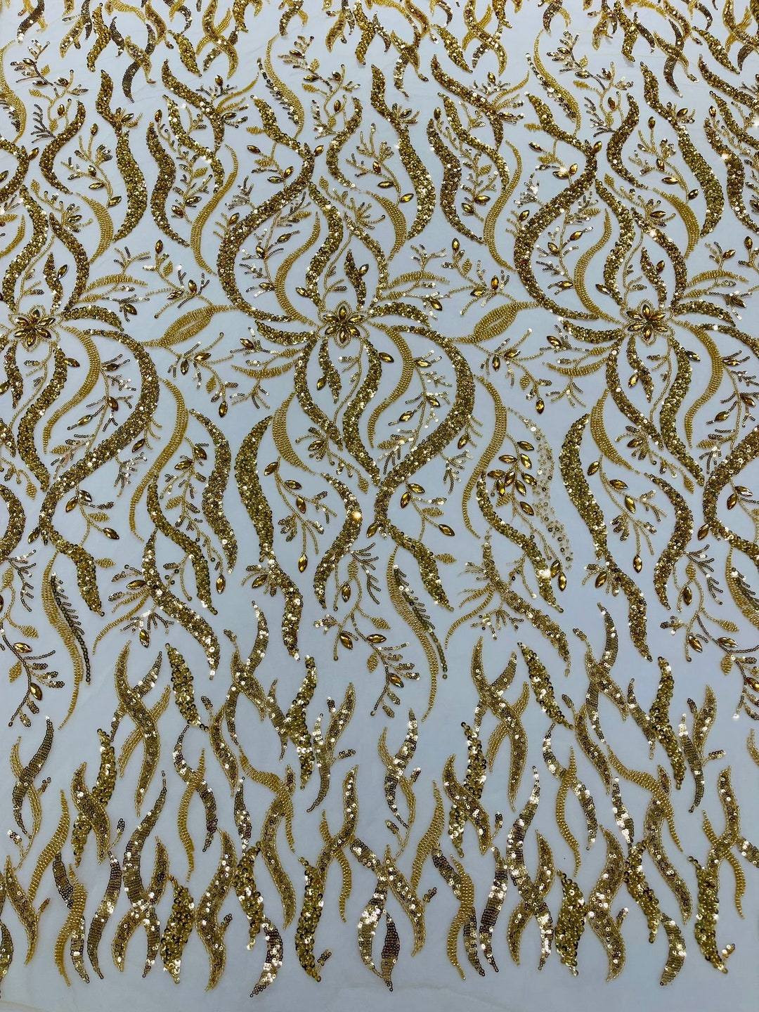 Gold - Vine Design Embroider and Heavy Beading/sequins on A Mesh Lace ...