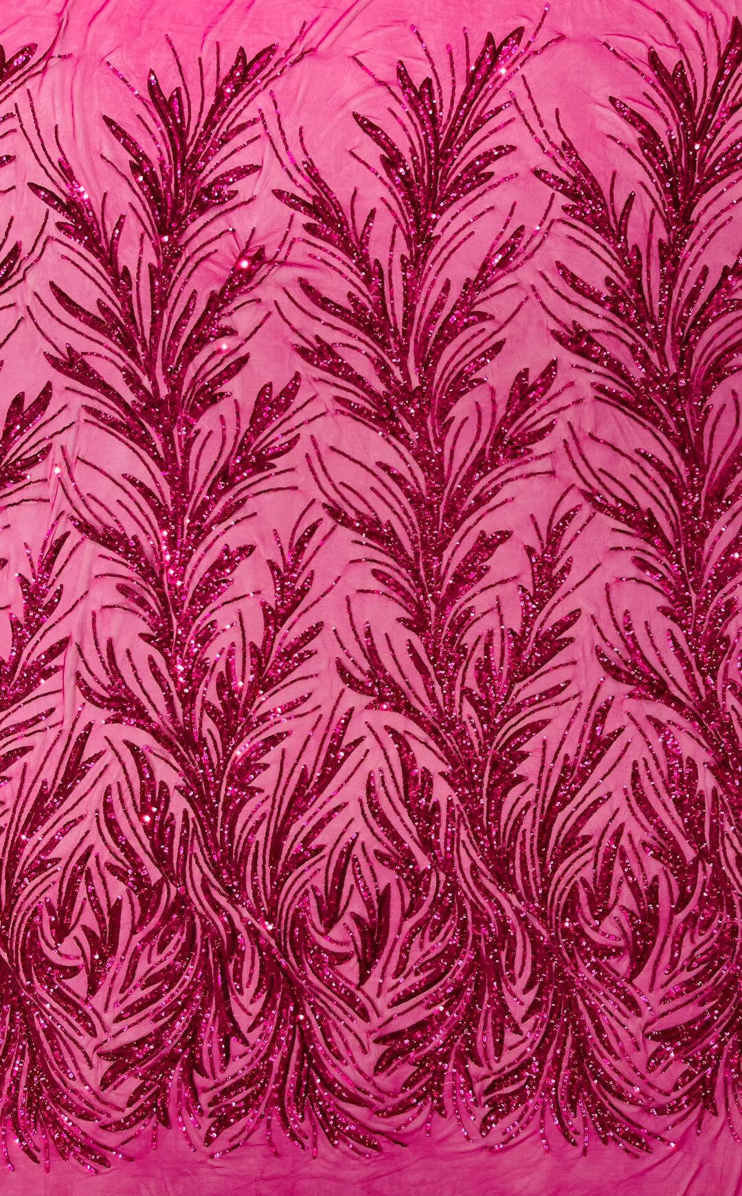 Feather Wing Shiny Sequin Design on a 4 Way Stretch Mesh Fabric-prom ...