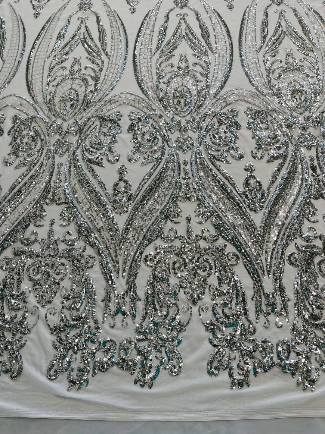 Silver Shiny Sequin Damask Empire Design on a White 4 Way Stretch Mesh ...
