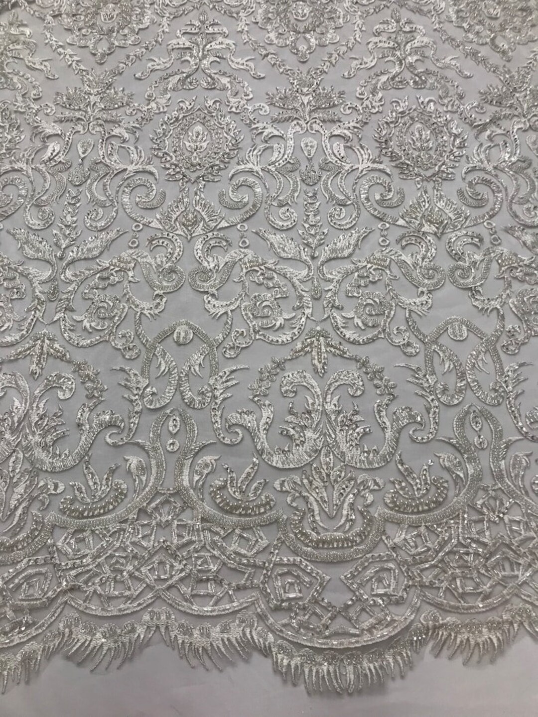 Ivory Floral Damask Embroider and Heavy Beaded on a Mesh Lace Fabric ...
