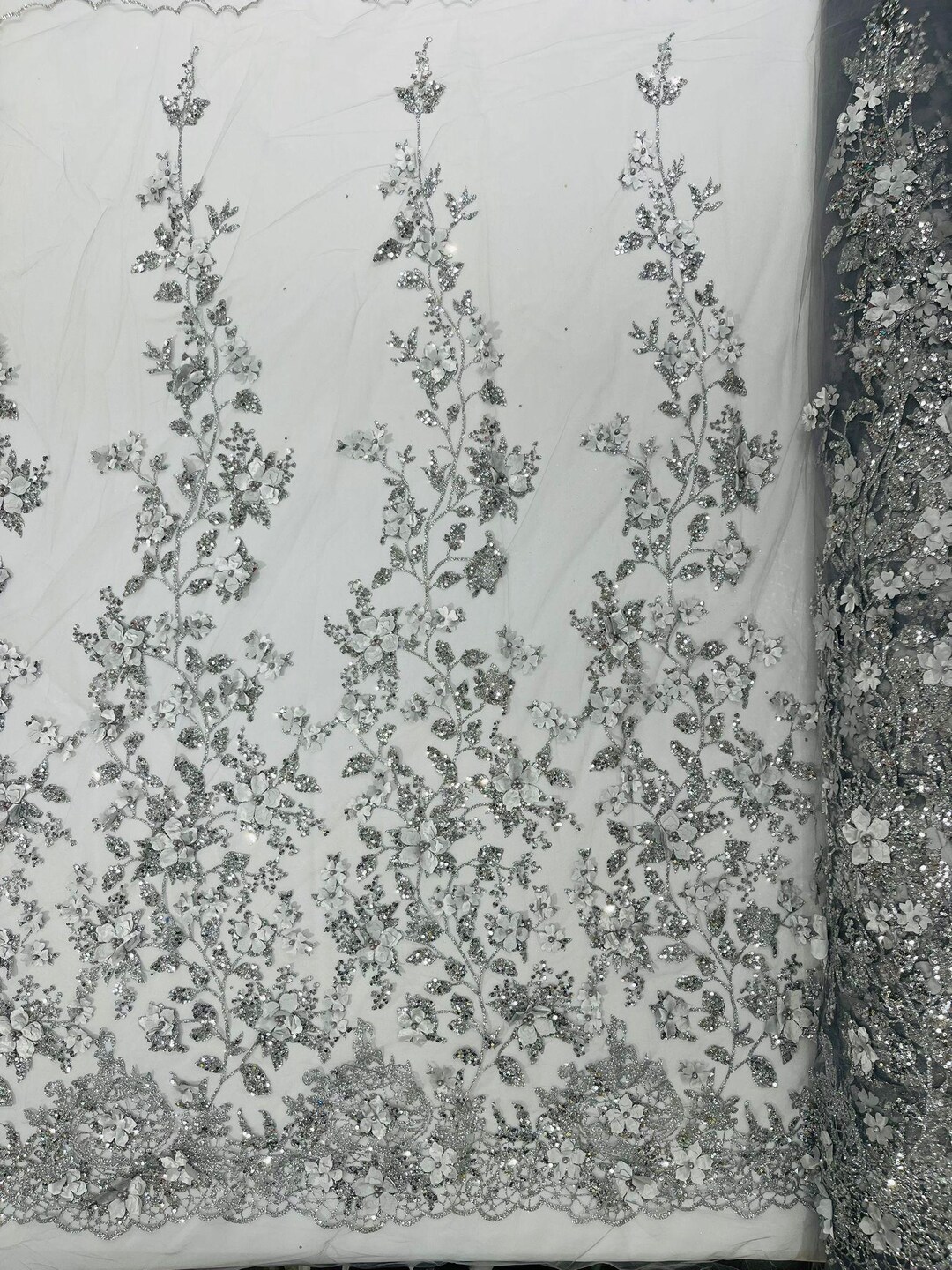 Princess Glitter 3d Floral Design Embroidery With Pearls in a Mesh Lace ...