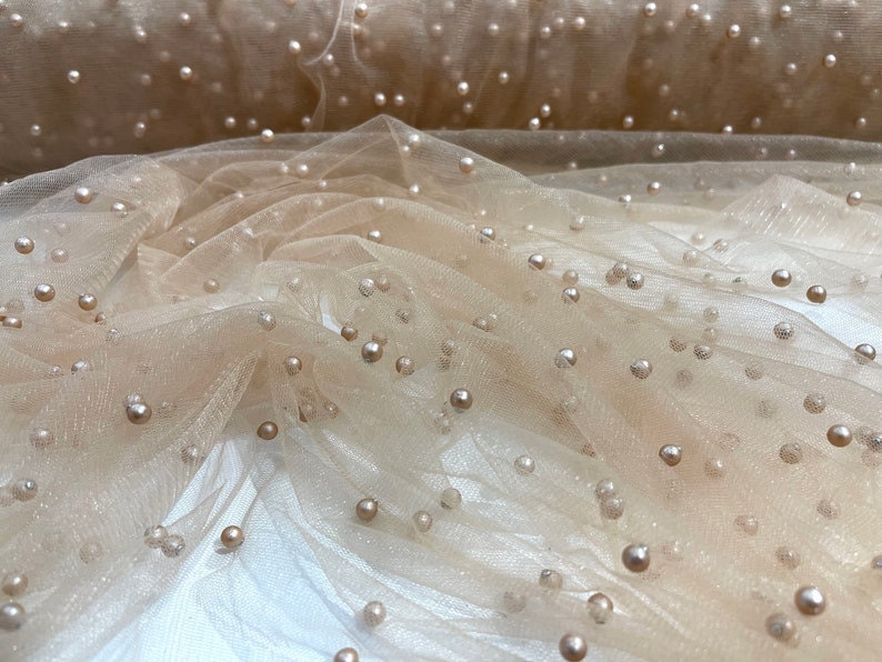 Champagne - Scattered Pearls Studded Mesh, 2-way Stretch, Sold by the ...