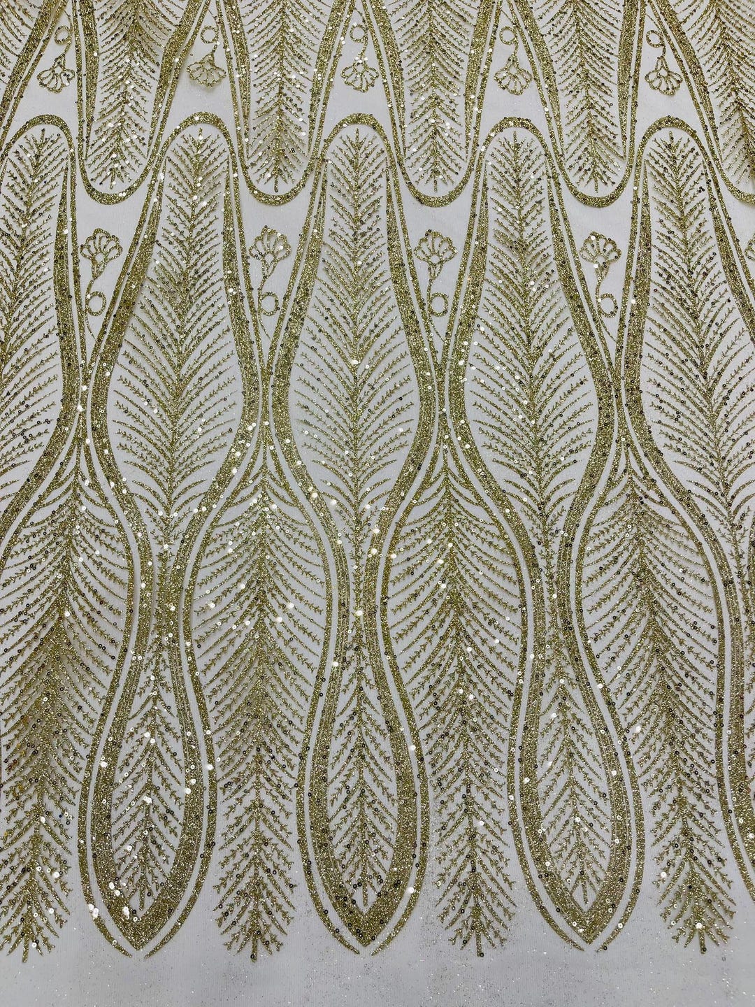 Glitter Feather Damask Design on A Beige Mesh Lace Fabric/prom - Gold ...
