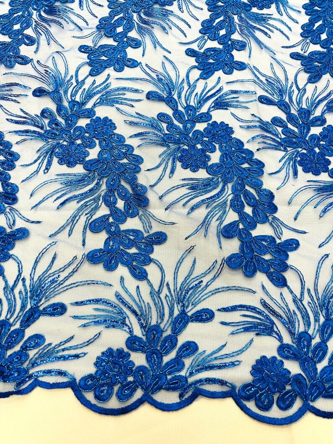 Royal Blue - Feather Design Lace With Metallic Cord and Embroider With ...