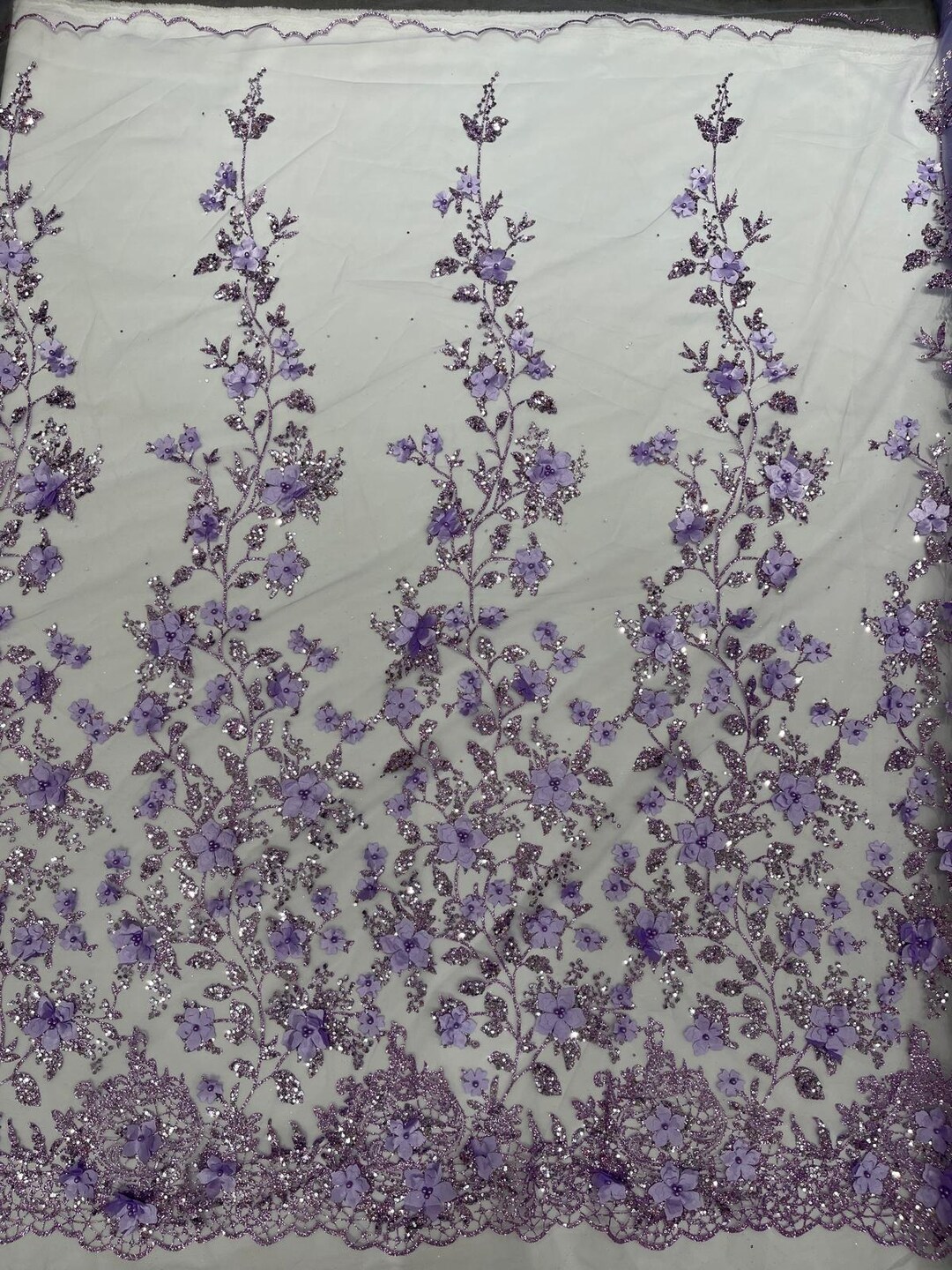 Princess Glitter 3d Floral Design Embroidery With Pearls in a Mesh Lace ...