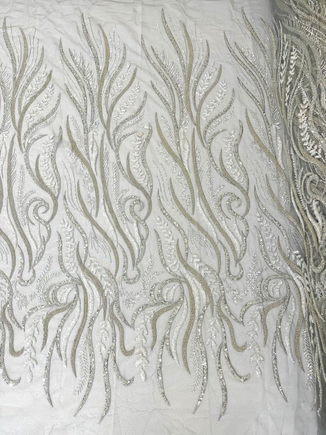 Feather Damask Embroider With Sequins and Heavy Beaded on a Mesh Lace ...