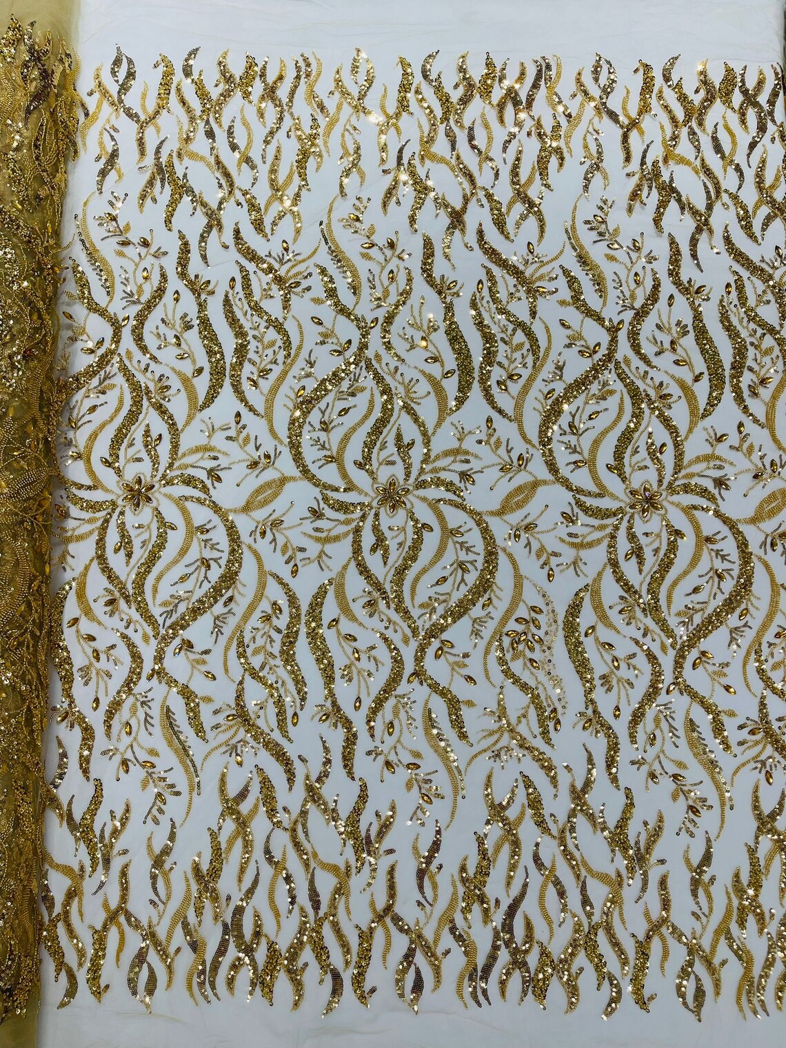 Gold - Vine Design Embroider and Heavy Beading/sequins on A Mesh Lace ...