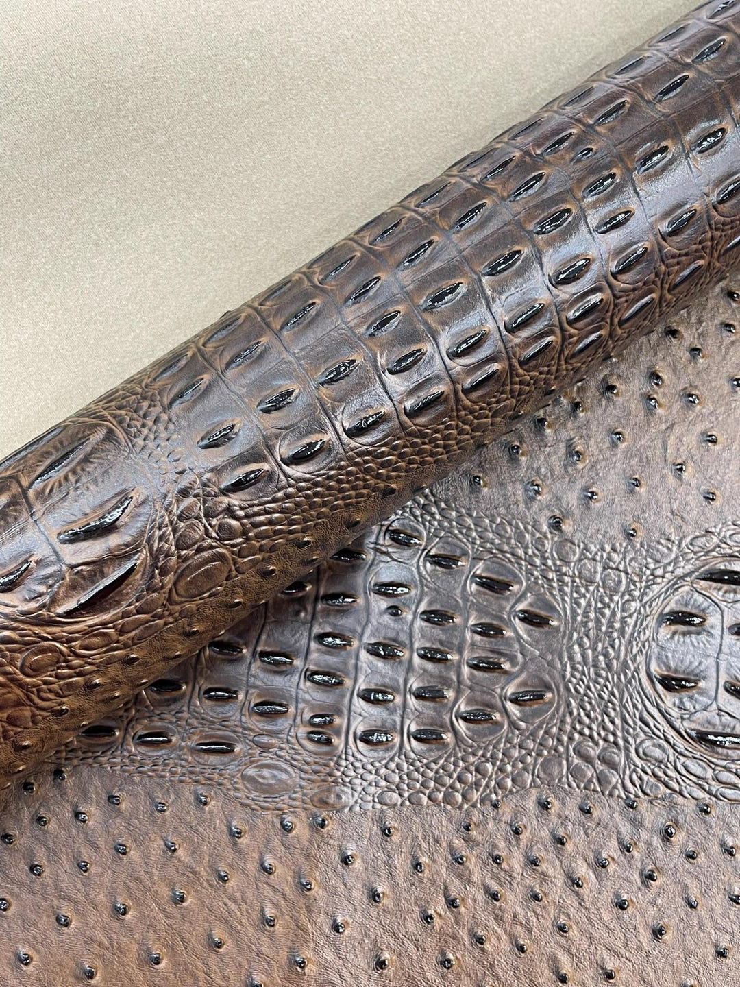 Grizzly Brown Ostrich Embossed Vinyl Fabric by the Yard / 2 Tone ...