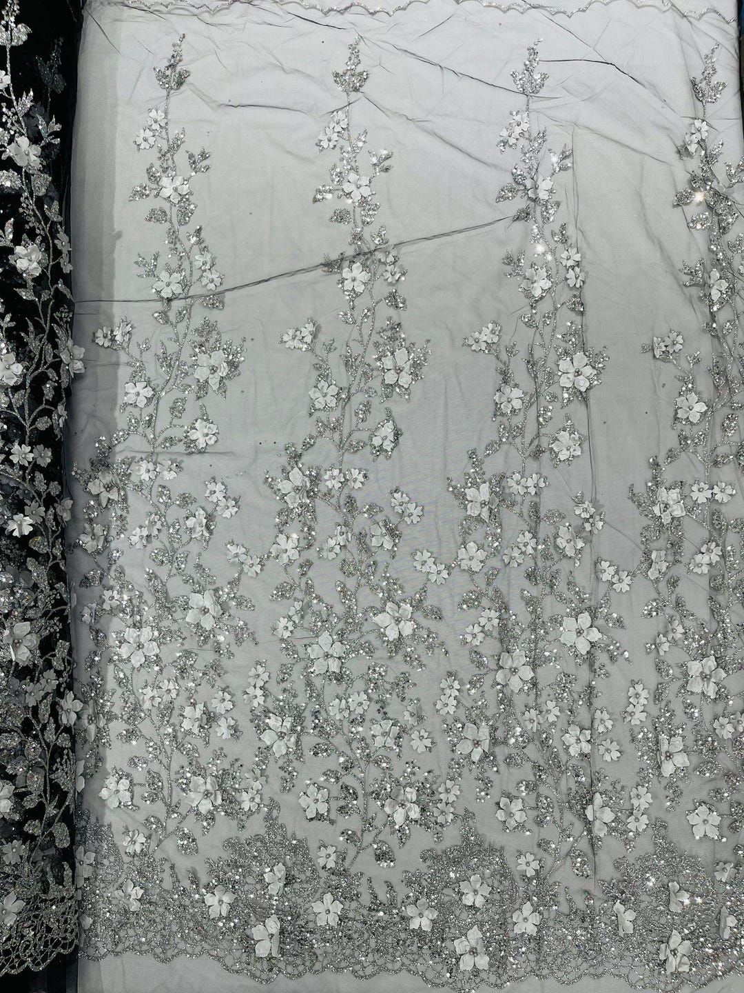 Princess Glitter 3d Floral Design Embroidery With Pearls in a Mesh Lace ...