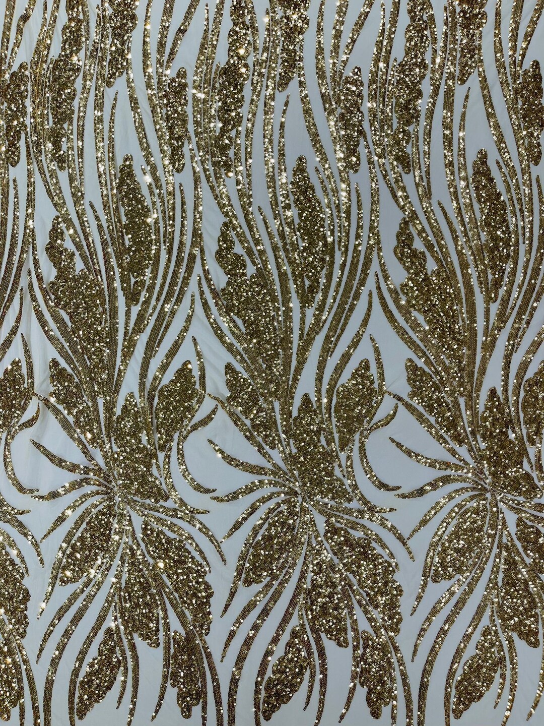 Feather Damask Shiny Sequin Design on a 4 Way Stretch Mesh Fabric-prom ...
