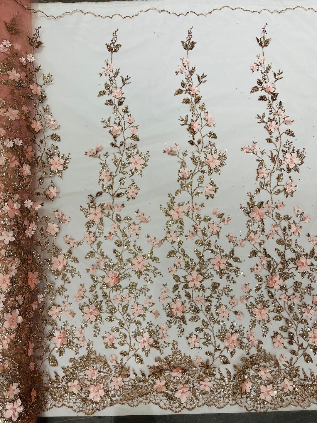 Princess Glitter 3d Floral Design Embroidery With Pearls in a Mesh Lace ...