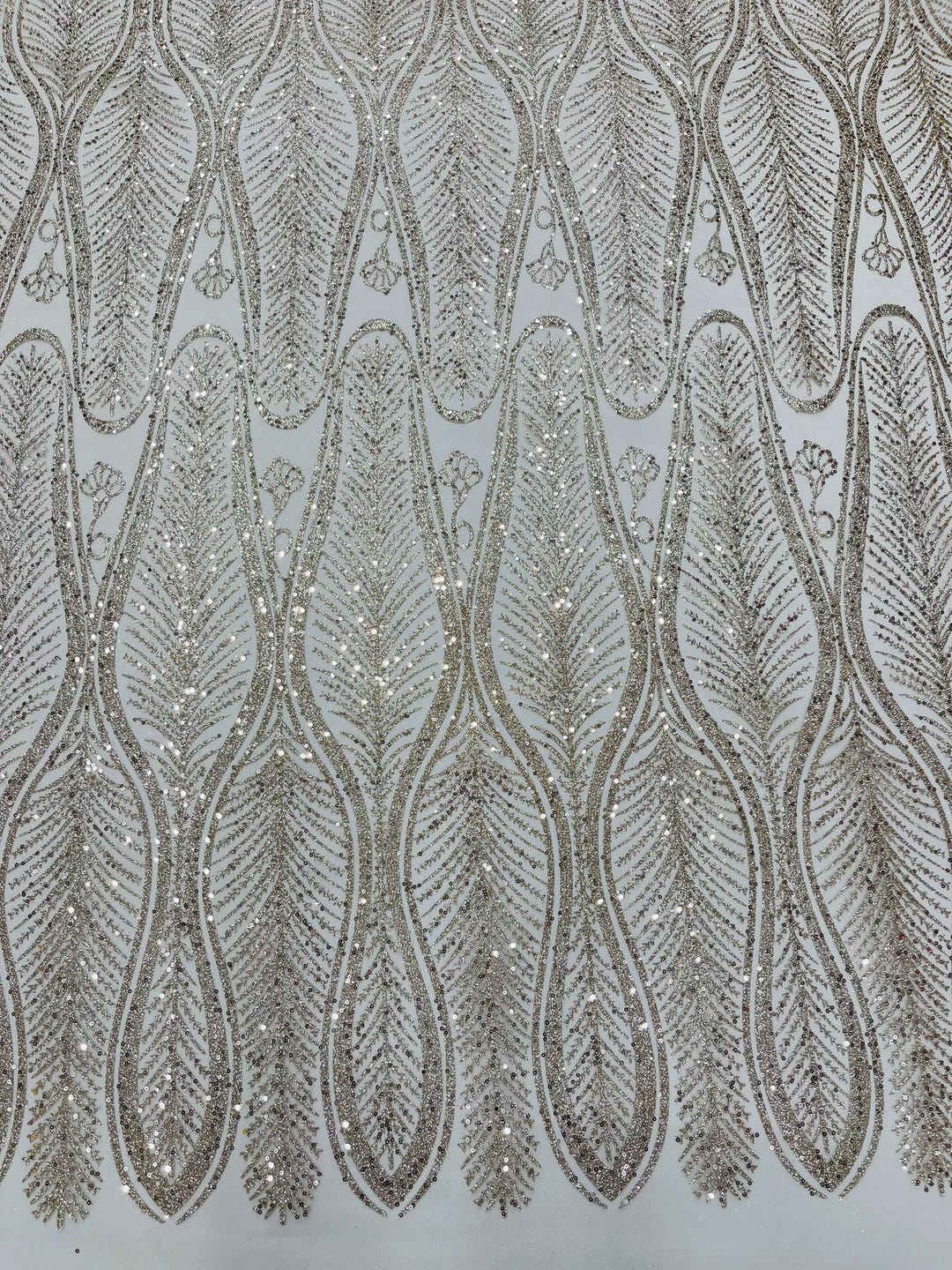Glitter Feather Damask Design on A Beige Mesh Lace Fabric/prom ...