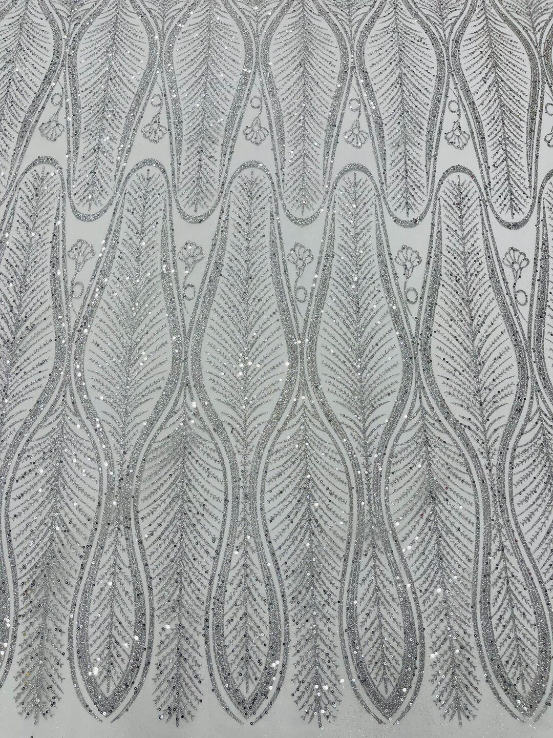 Glitter Feather Damask Design on A Beige Mesh Lace Fabric/prom - Silver ...