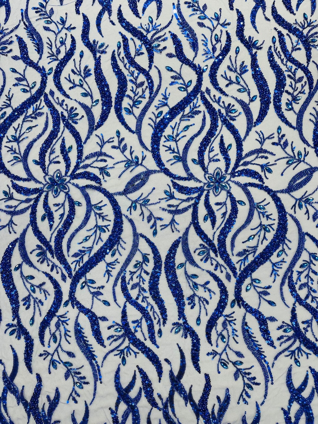 Royal Blue - Vine Design Embroider and Heavy Beading/sequins on A Mesh ...
