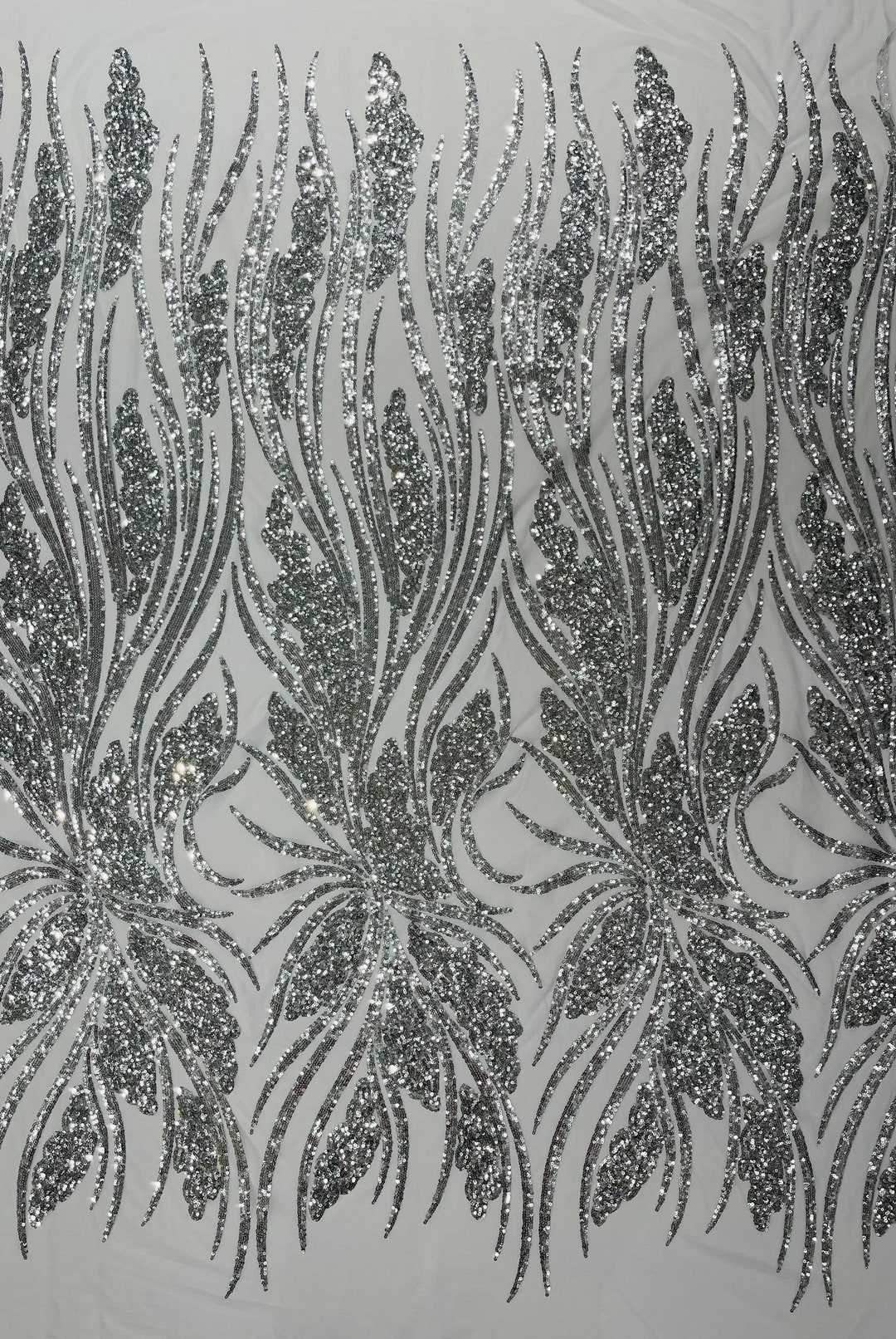 Feather Damask Shiny Sequin Design on a 4 Way Stretch Mesh Fabric-prom ...