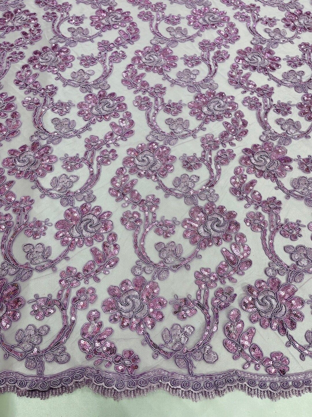 Lilac - Corded Flowers Embroider With Sequins on a Mesh Lace Fabric ...