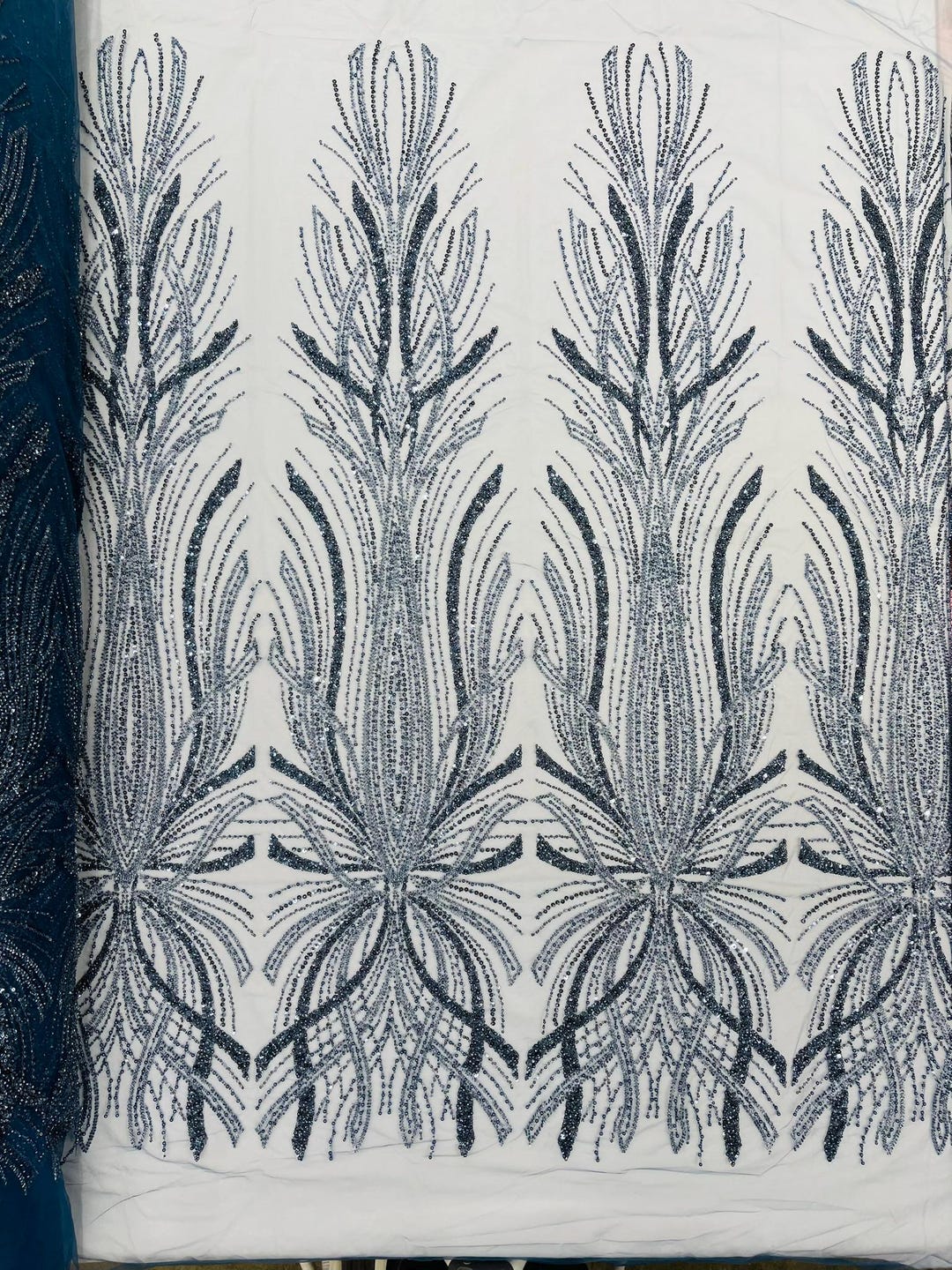 Palm Beaded Damask Design Fabric, by the Yard - Steel Blue - Etsy