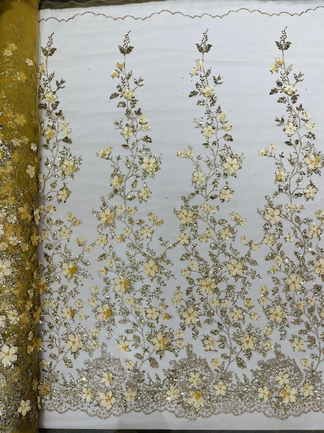Princess Glitter 3d Floral Design Embroidery With Pearls in a Mesh Lace ...