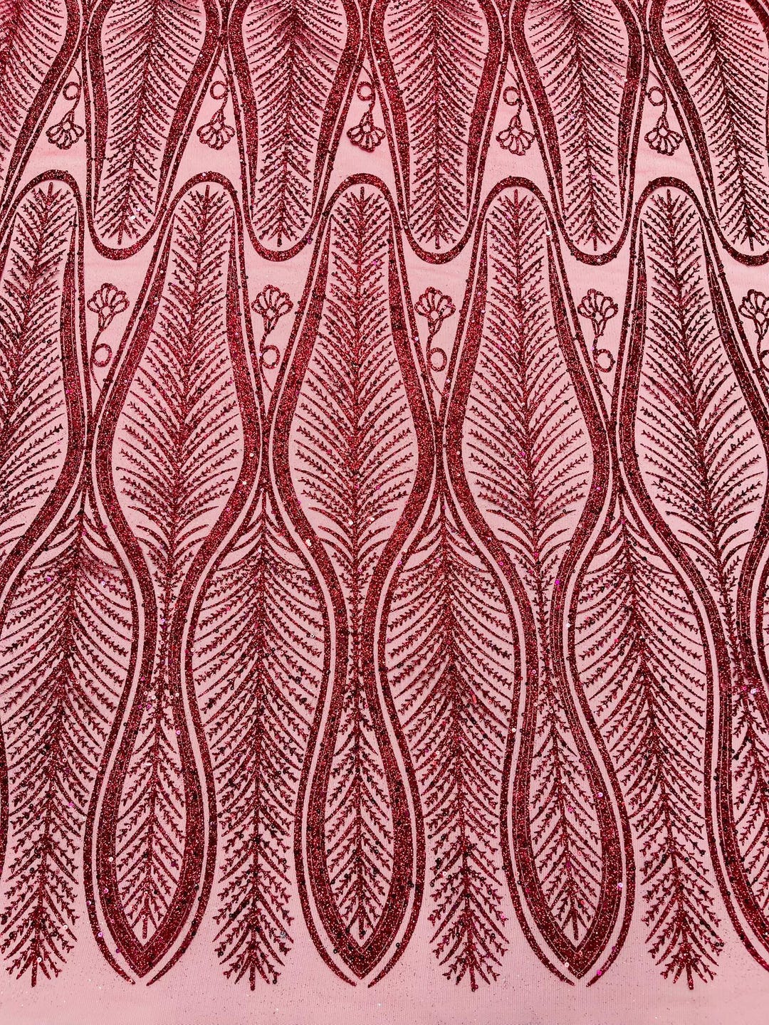 Glitter Feather Damask Design on A Beige Mesh Lace Fabric/prom ...
