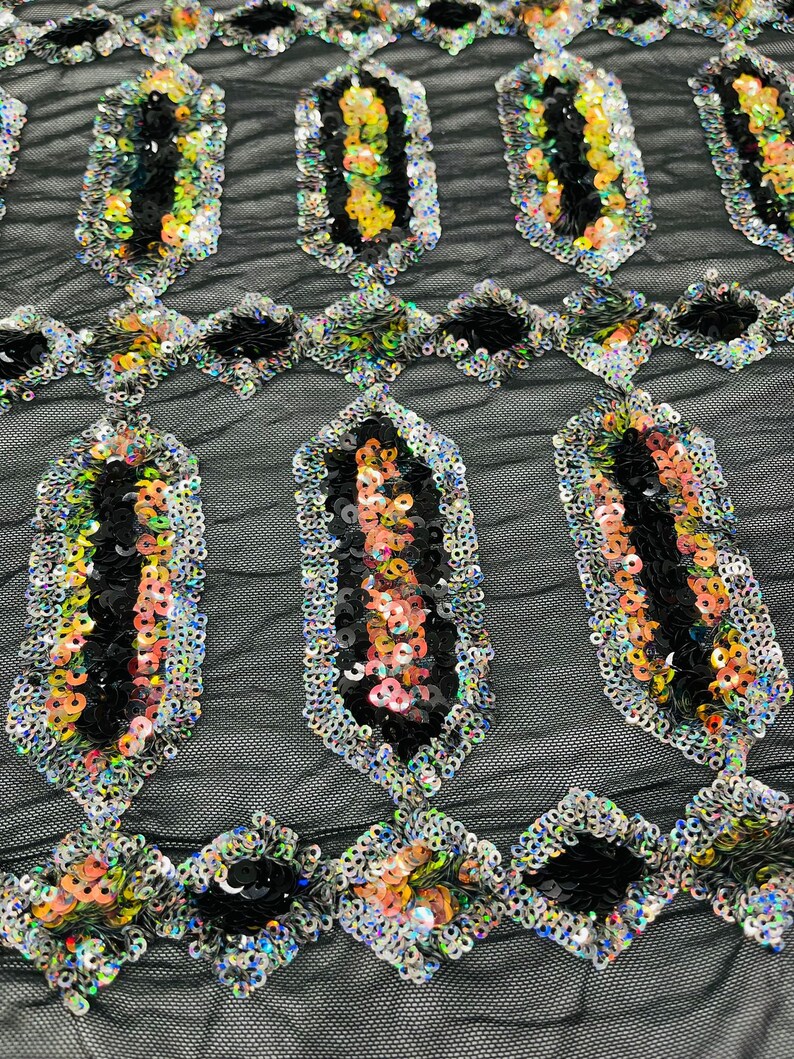 Jewel Sequin Design on a Black 4 Way Stretch Mesh Fabric - Rainbow ...