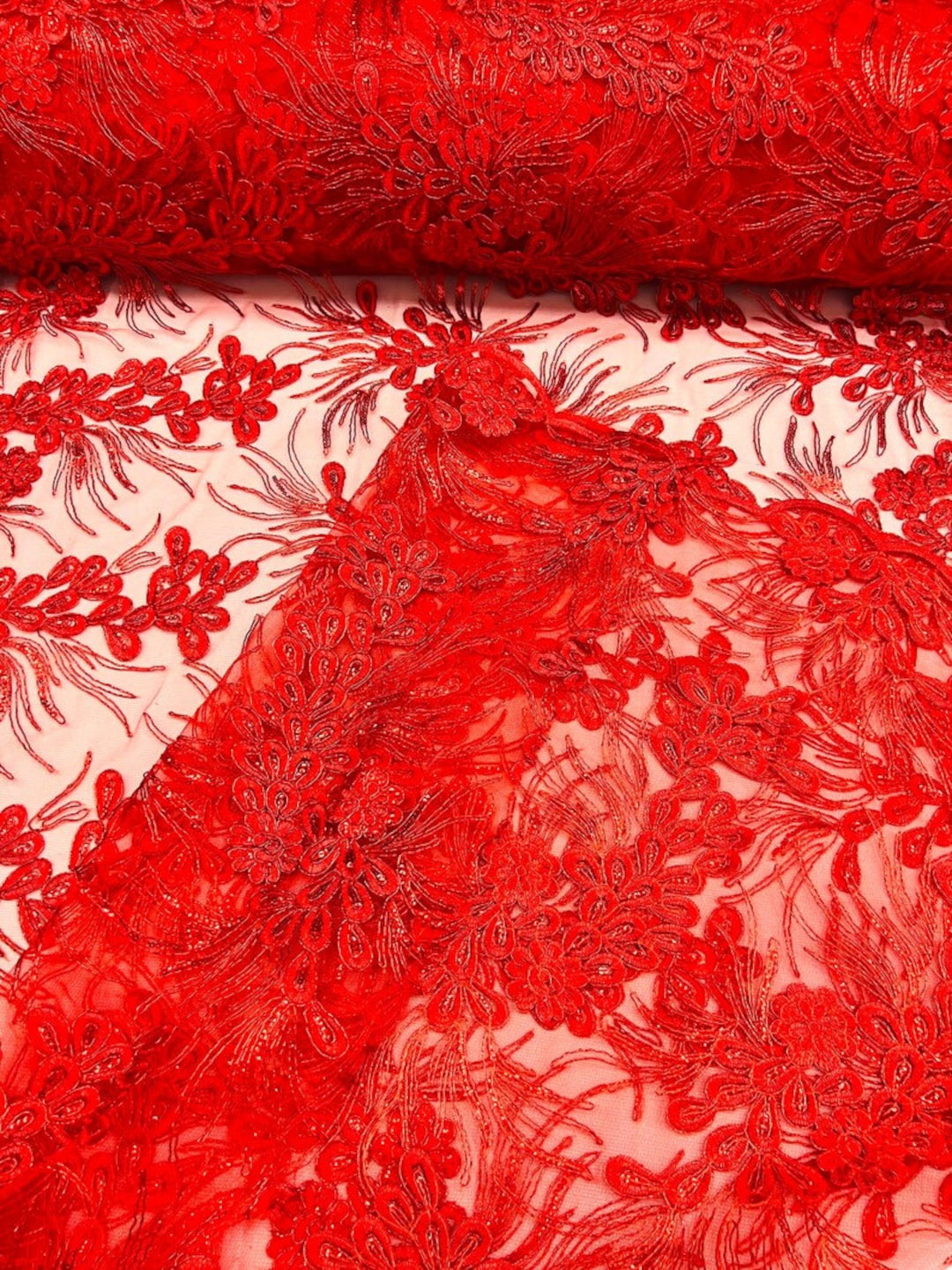 Red - Feather Design Lace With Metallic Cord and Embroider With Sequins ...