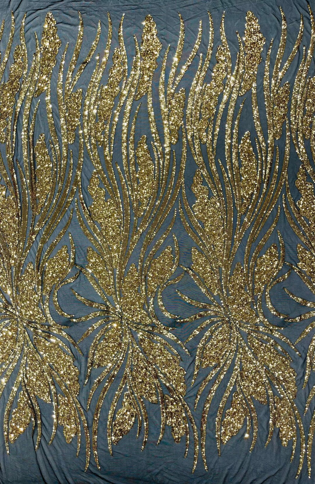 Feather Damask Shiny Sequin Design on a 4 Way Stretch Mesh Fabric-prom ...