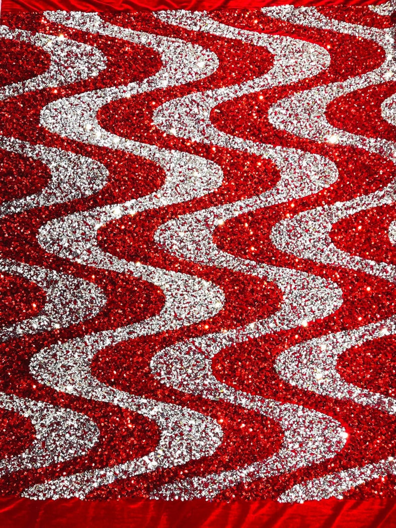 Sequin Wave Design on Black Stretch Velvet All Over 5mm Shining Sequins ...