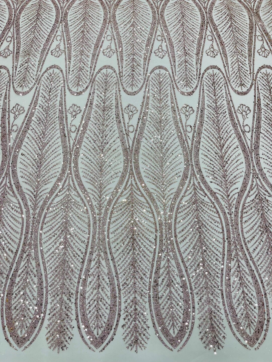 Glitter Feather Damask Design on A Beige Mesh Lace Fabric/prom - Blush ...