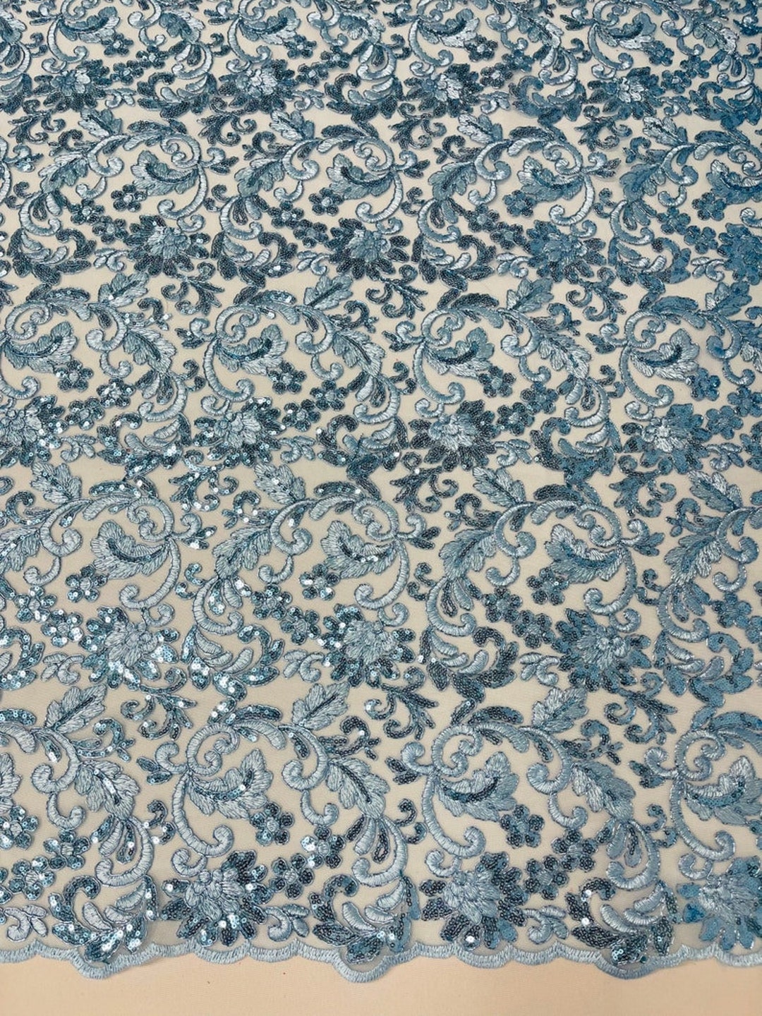 Light Blue - Corded Embroider Flowers With Sequins on a Mesh Lace ...