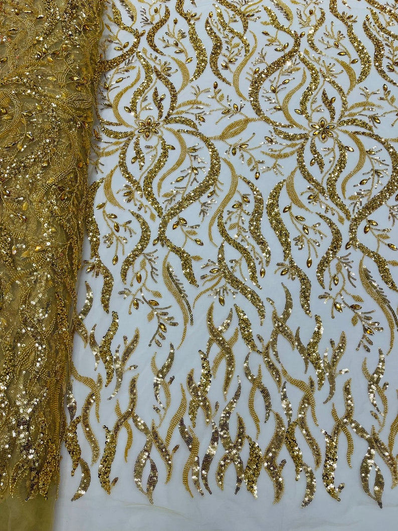 Gold - Vine Design Embroider and Heavy Beading/sequins on A Mesh Lace ...