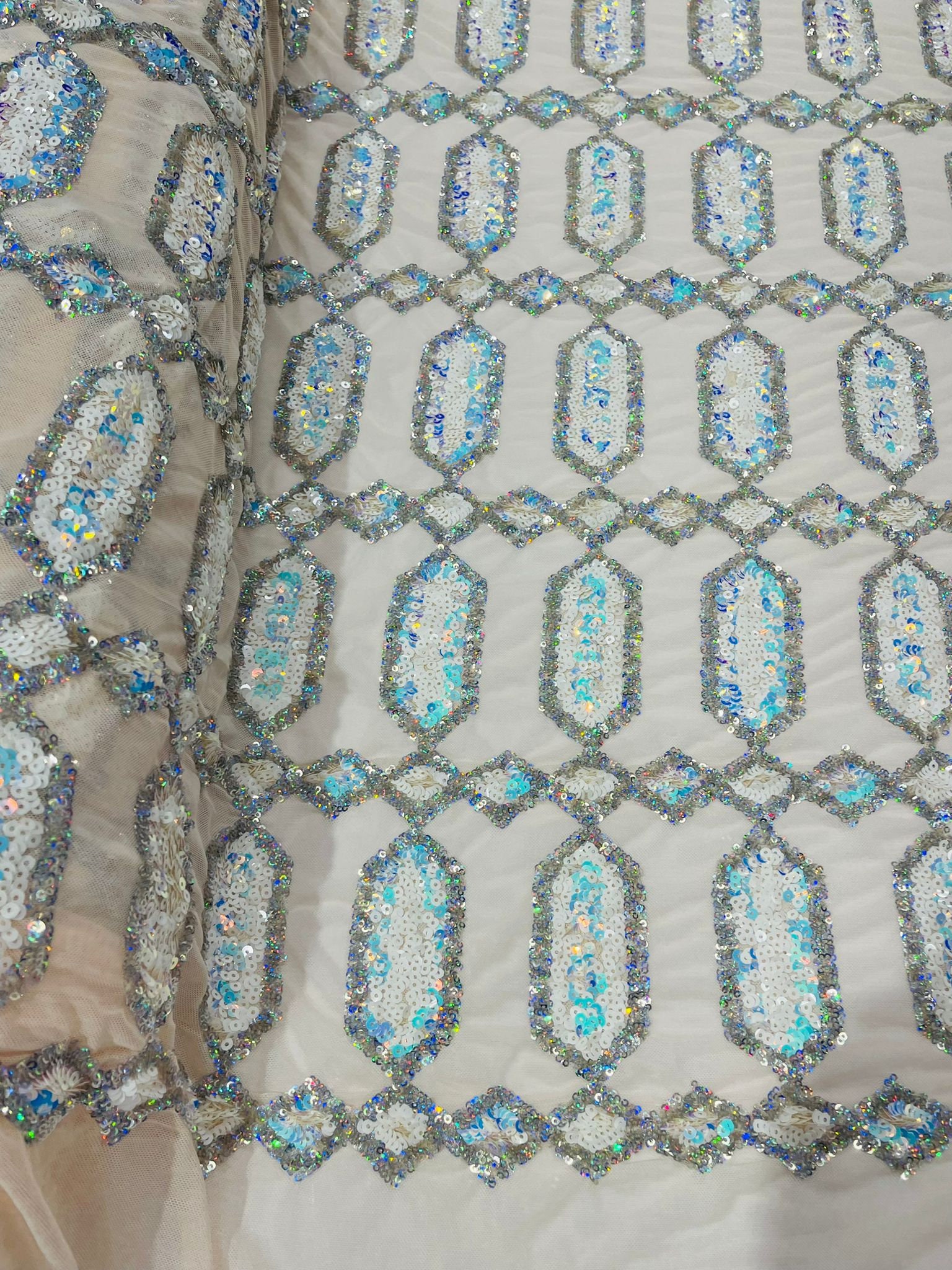 Jewel Sequin Design on a Cream 4 Way Stretch Mesh Fabric. Aqua/silver ...