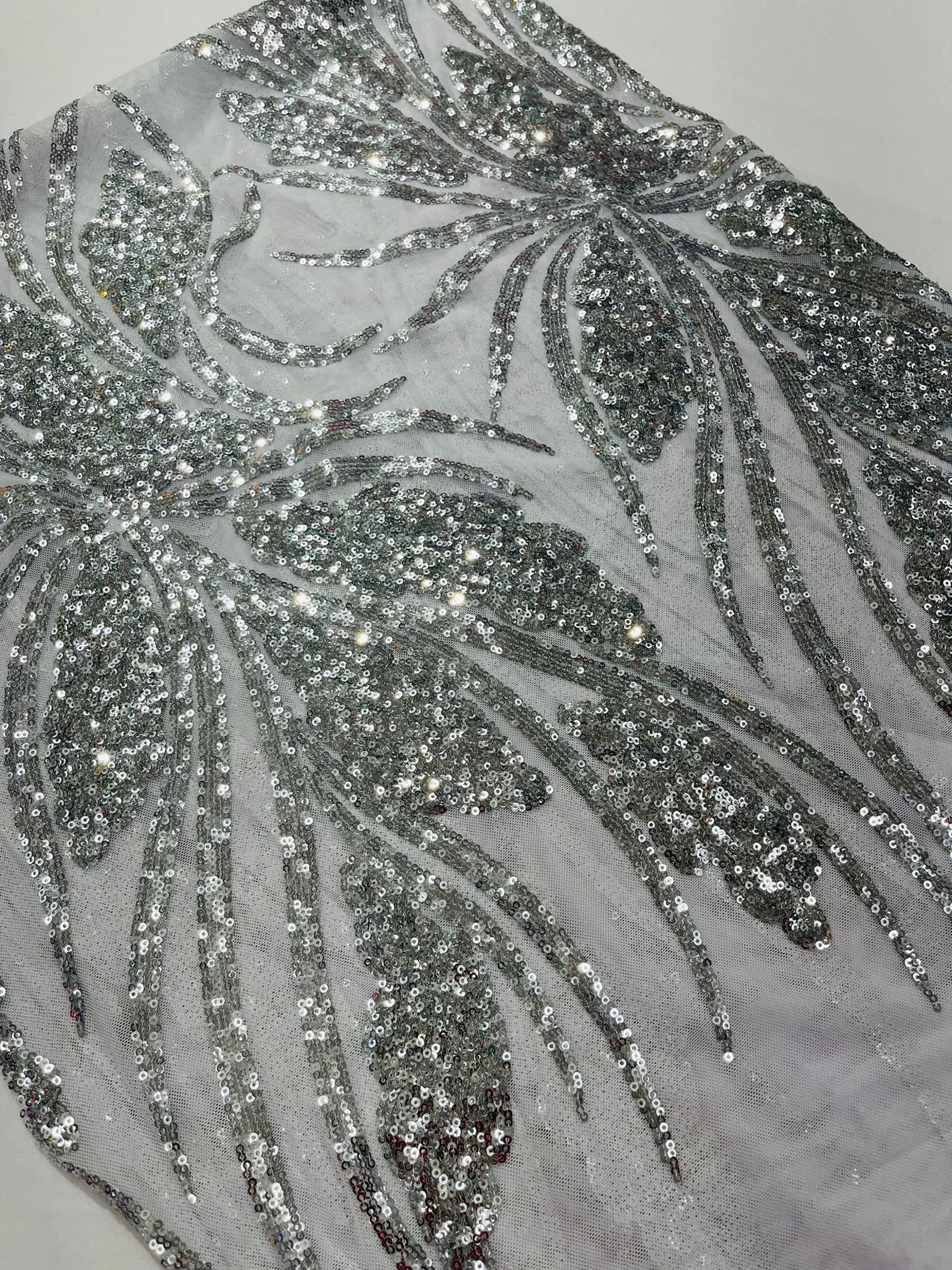 Feather Damask Shiny Sequin Design on a 4 Way Stretch Mesh Fabric-prom ...