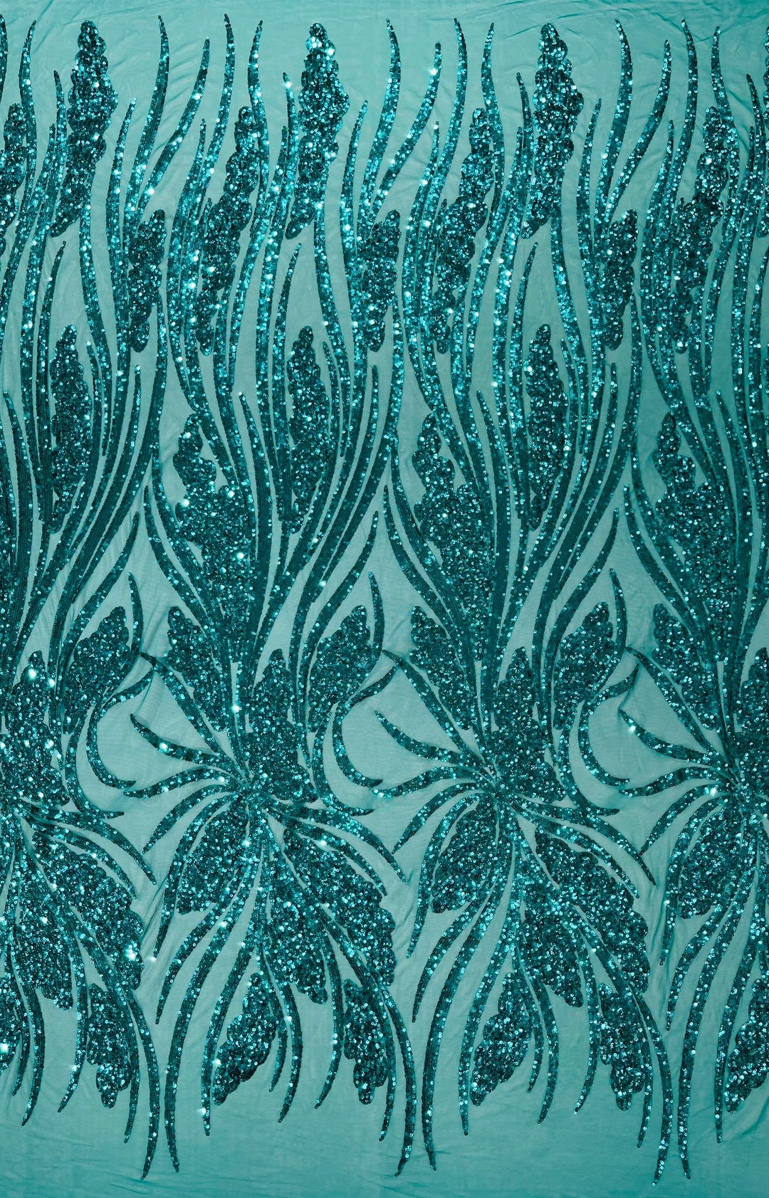 Feather Damask Shiny Sequin Design on a 4 Way Stretch Mesh Fabric-prom ...